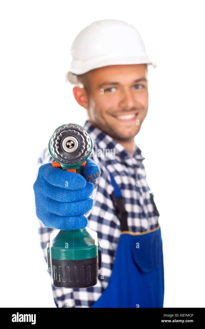 Happy smiling construction worker with drill isolated on white ...