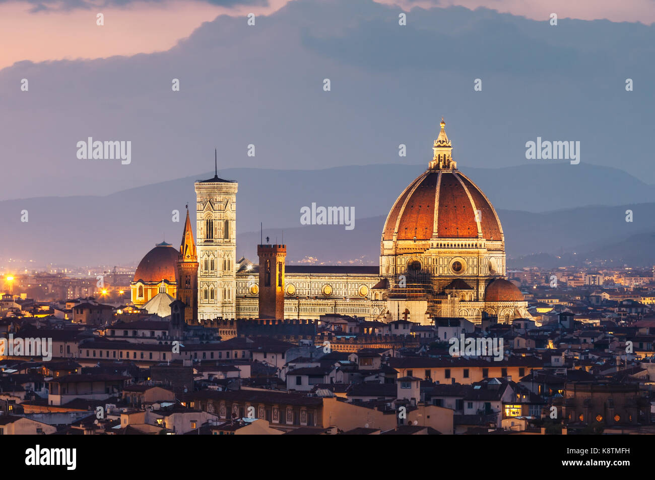 Beautiful view of illuminated Florence in sunset. Travel background ...
