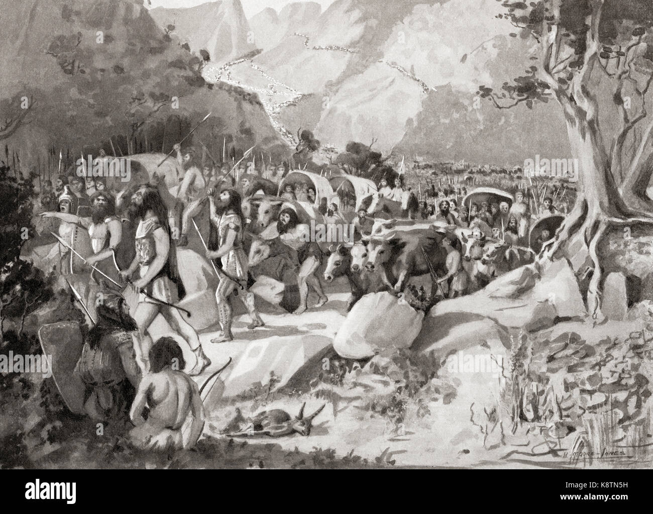 A migration of Scythian tribes through a pass in the mountaions of Asia ...