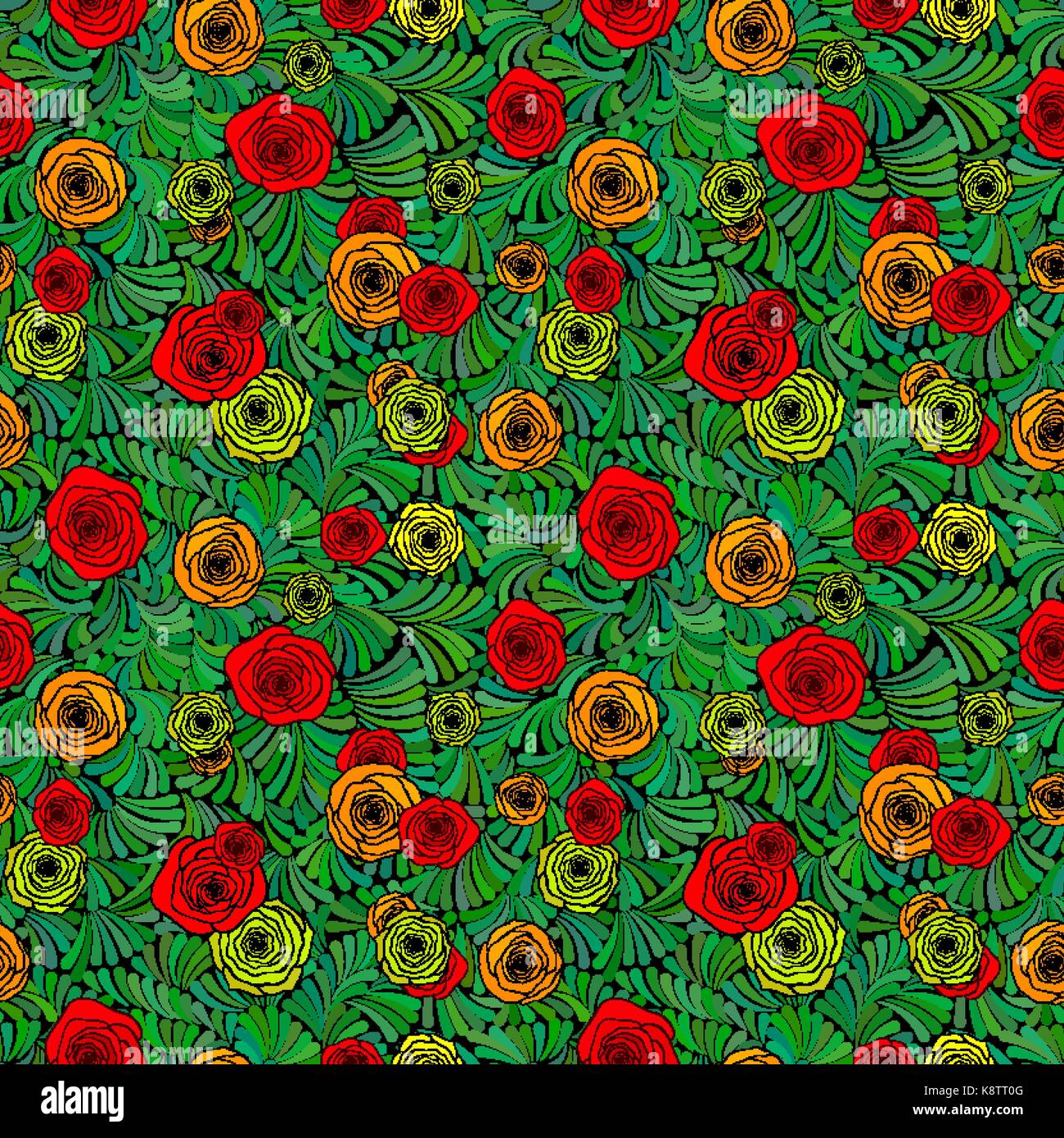 Seamless pattern with beautiful red and yellow roses on black ...