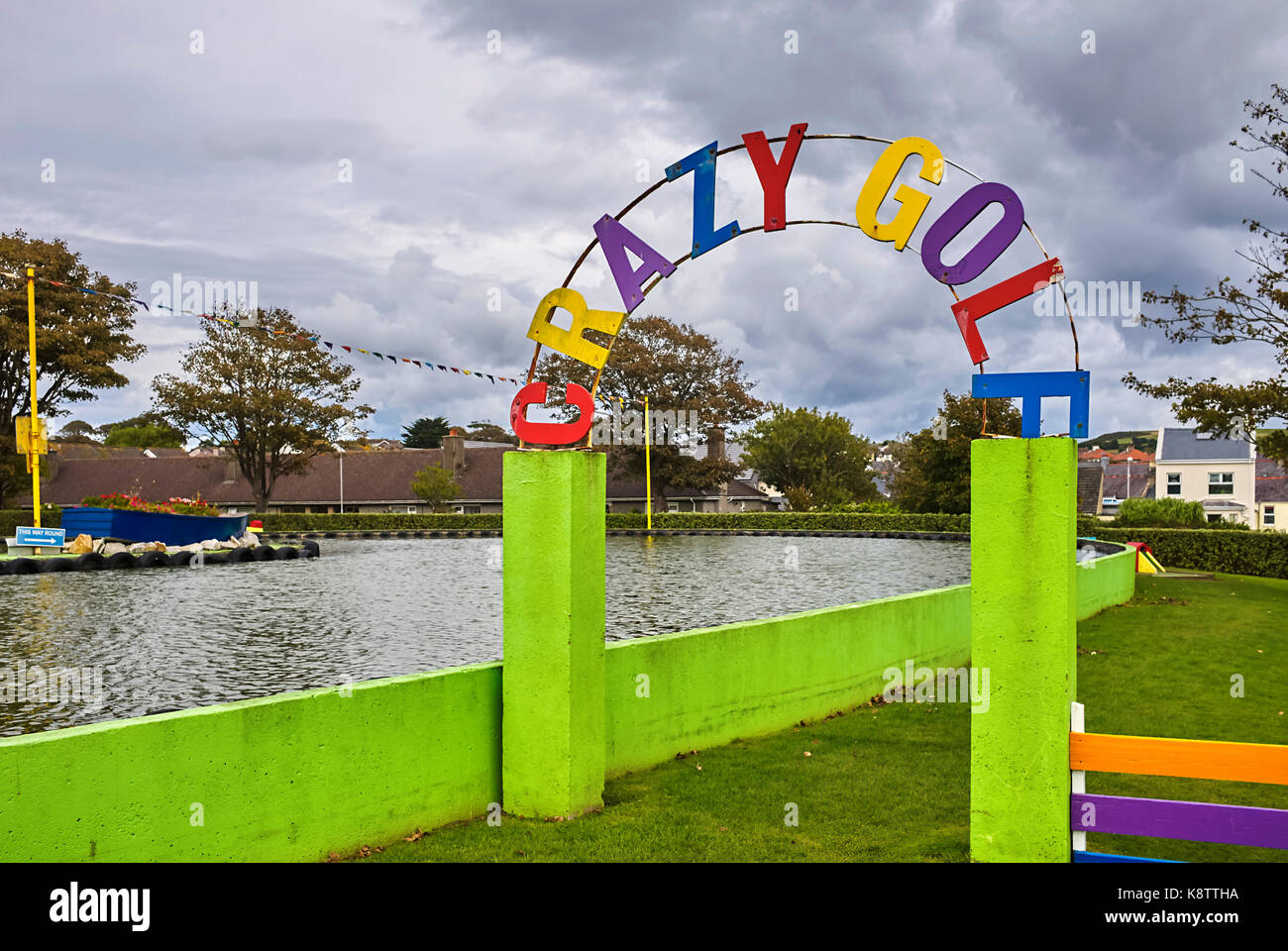 Crazy Golf sign at Onchan Leisure park in Douglas, Isle of Man Stock ...