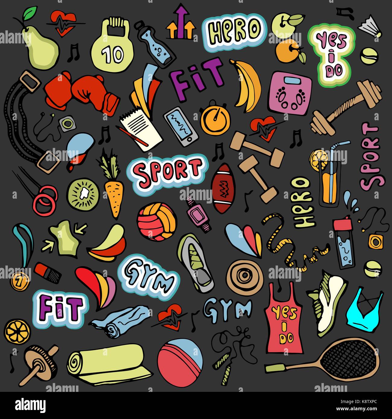 Sports hand draw icon and elements. Fitness and sport colored icon ...