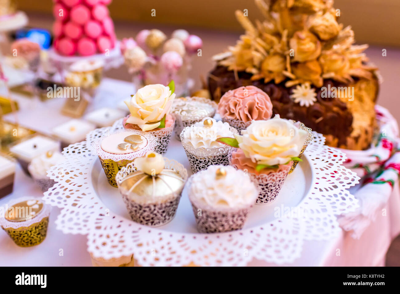 Elegant and luxurious event arrangement with colorful pastries Stock ...