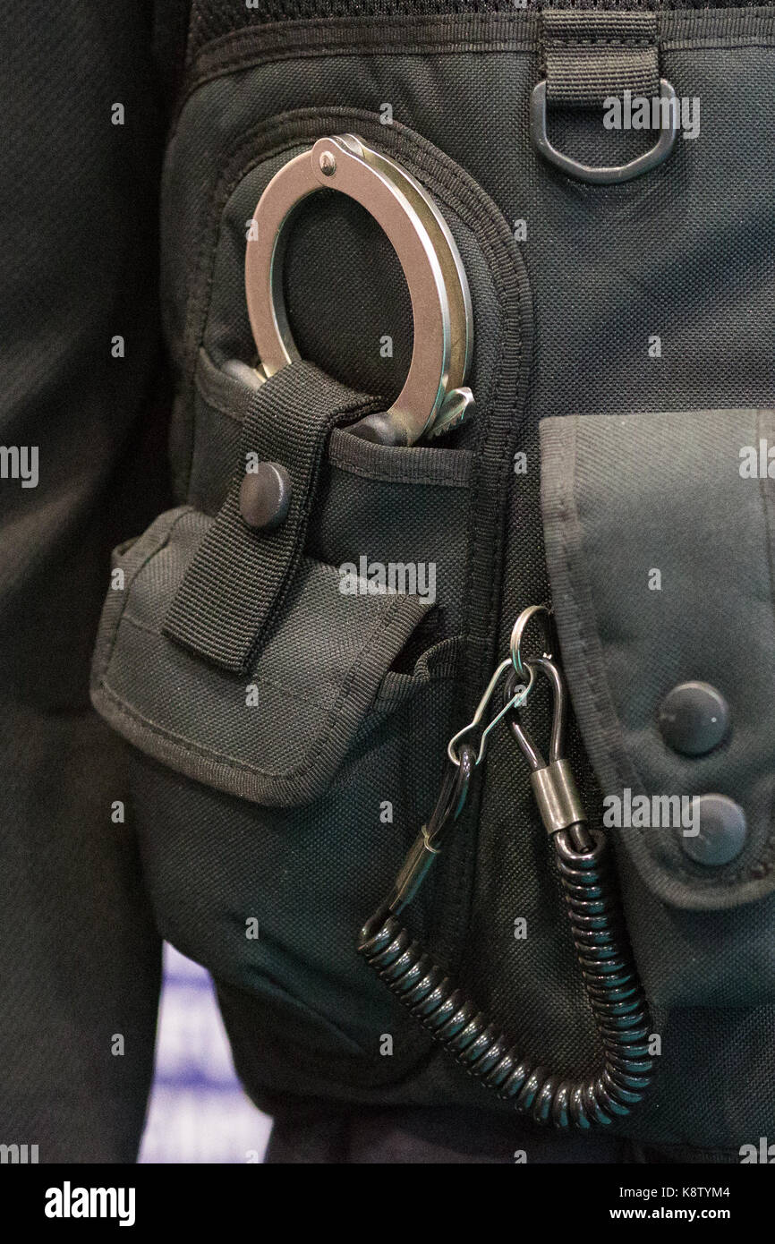 Police handcuffs on display during the Emergency Services Show, a two ...