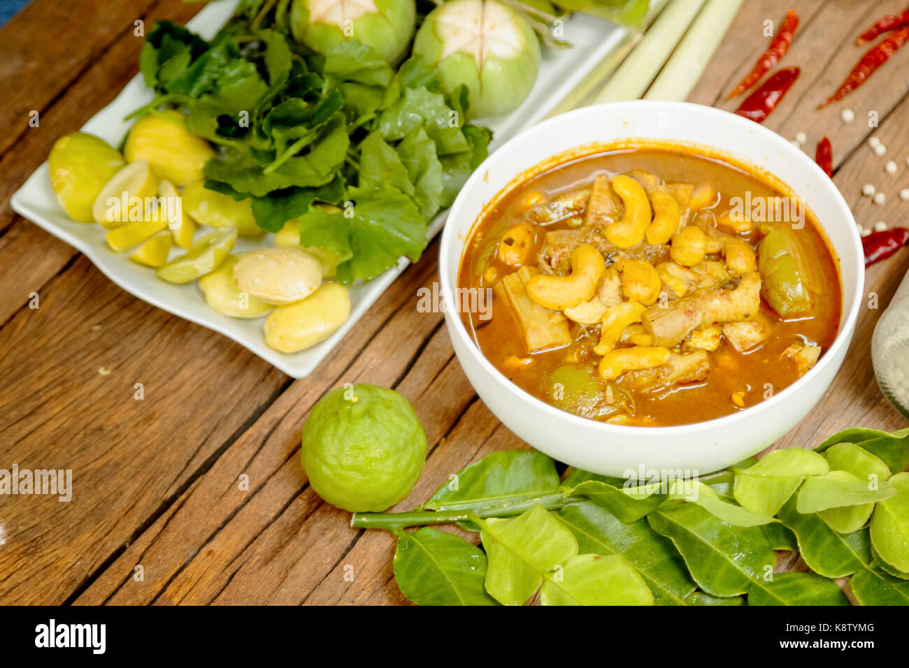 Thai spicy curry,Mackerel fish with fish organs sour soup and organic ...