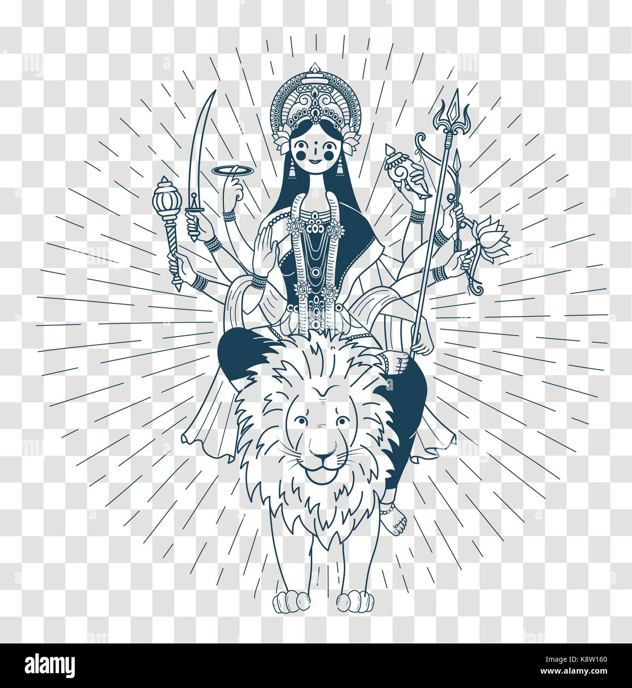 Icon of Goddess Durga with many hands riding on a lion in the rays of ...