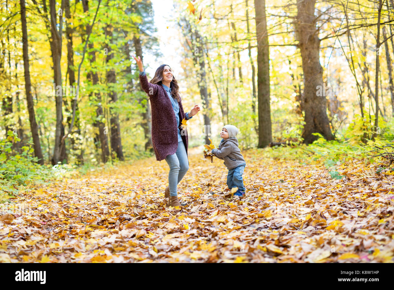 Mother with son in forest in autumn Stock Photo - Alamy