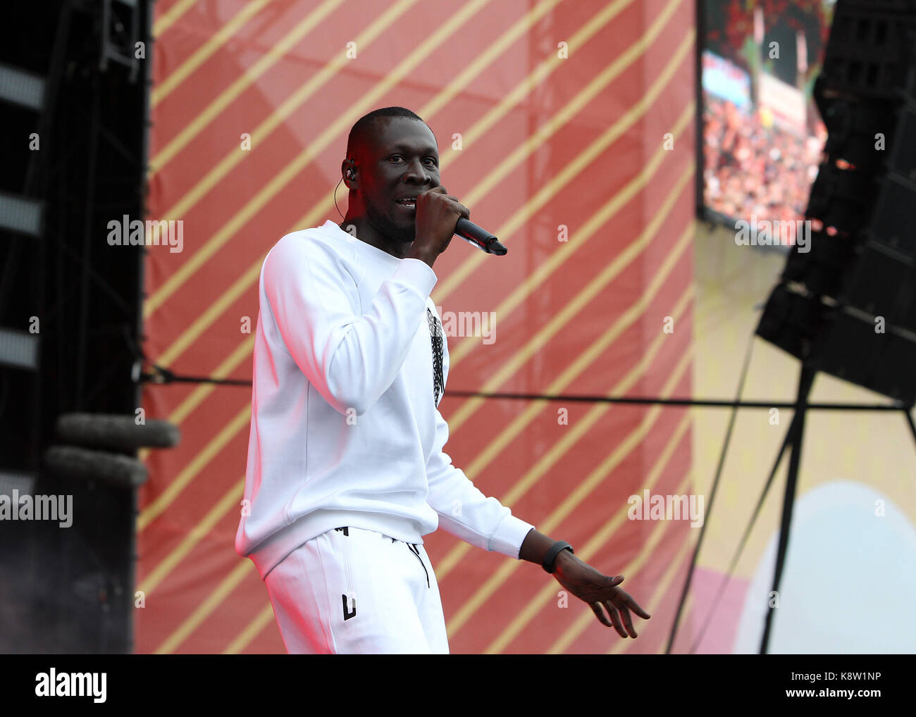 Grime artist Stormzy performing on the main stage during Day Two of V ...