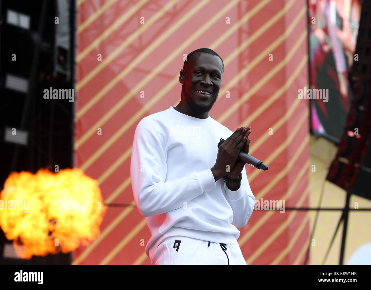 Grime artist Stormzy performing on the main stage during Day Two of V ...