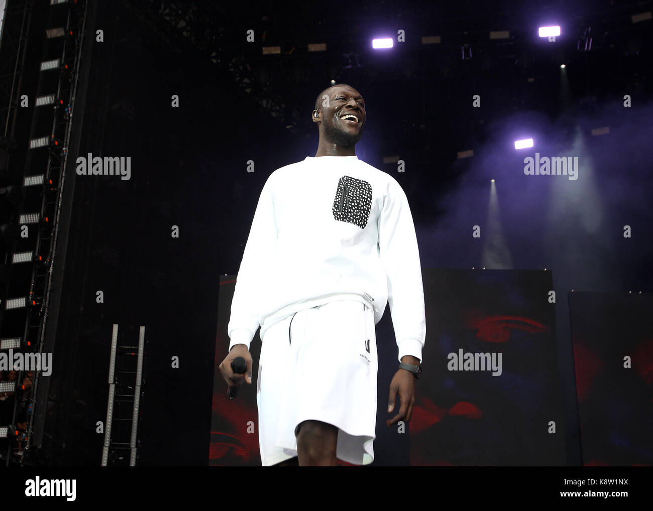 Grime artist Stormzy performing on the main stage during Day Two of V ...