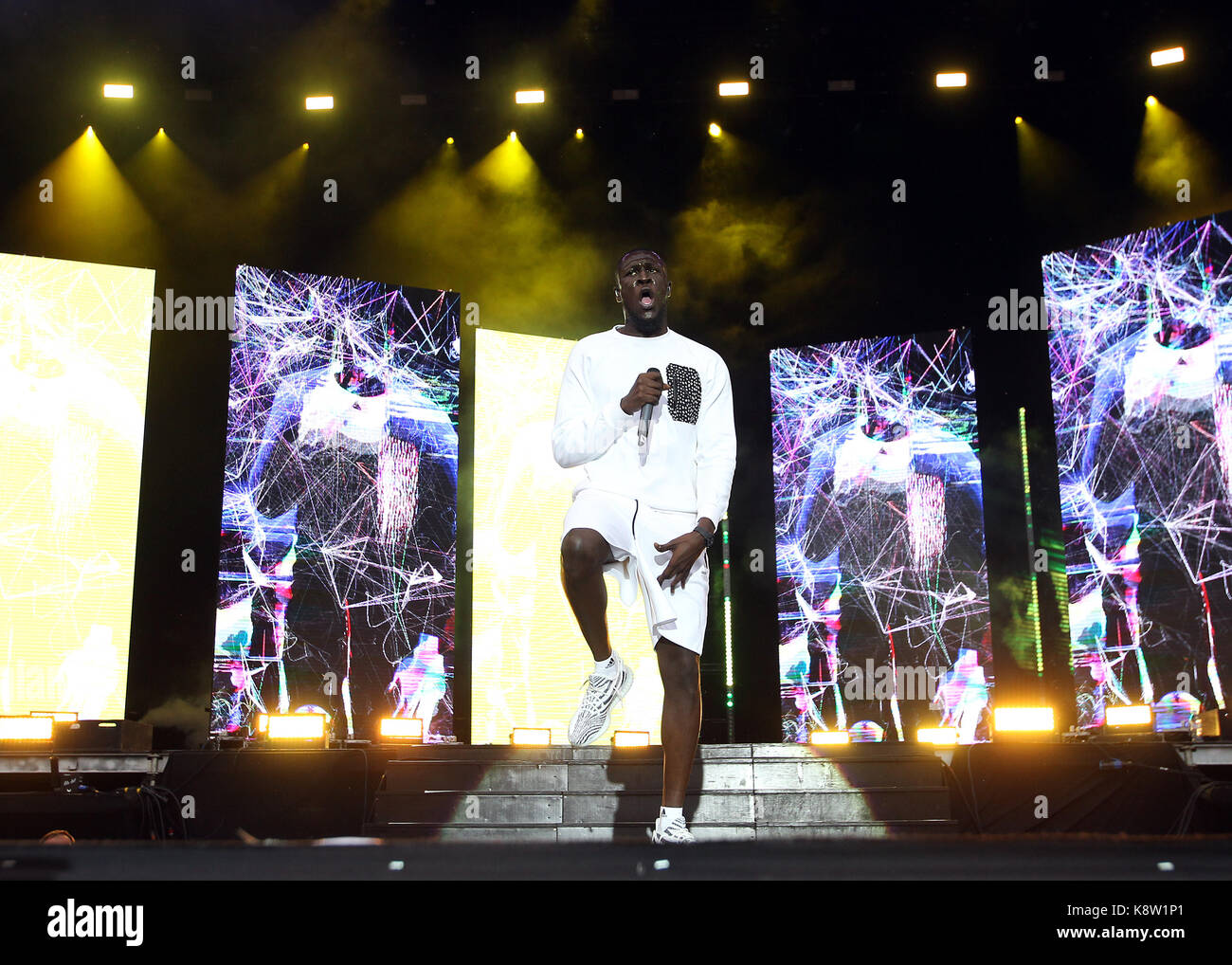 Grime artist Stormzy performing on the main stage during Day Two of V ...