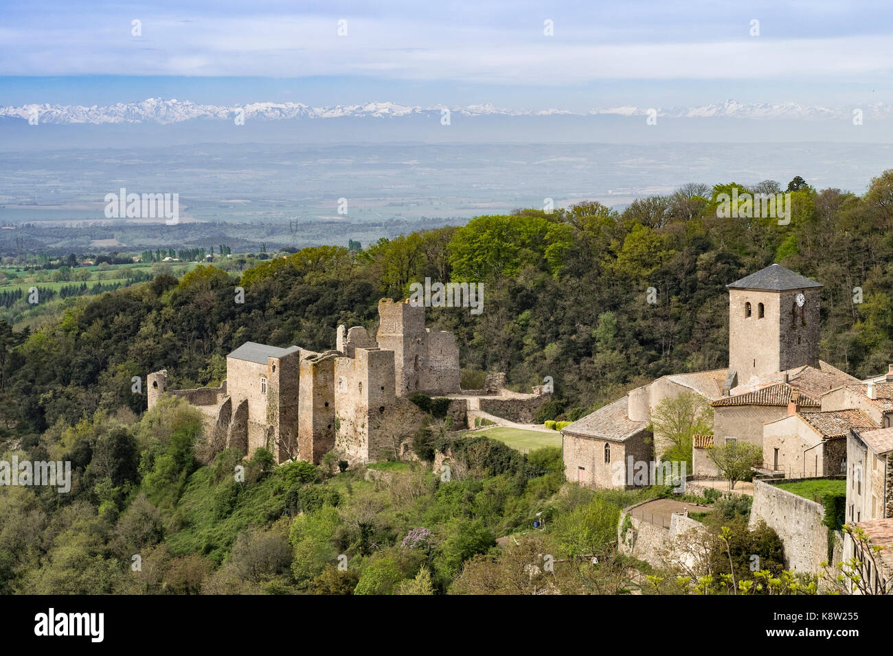Saissac castle's view vith snowy Pyrinees Stock Photo - Alamy