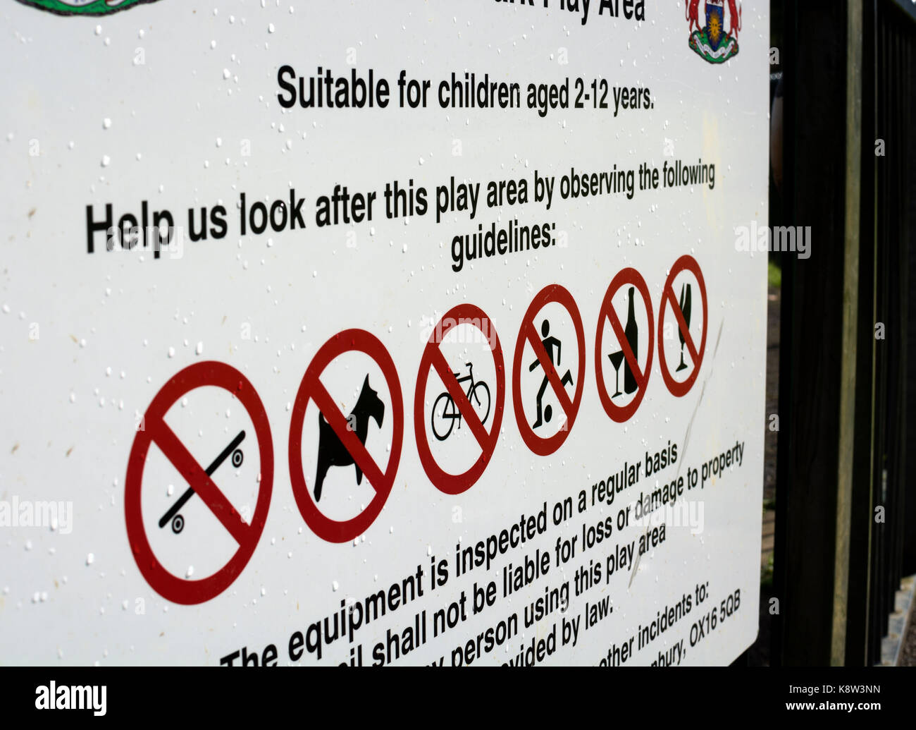 Spiceball Park play area sign, Banbury, Oxfordshire, England, UK Stock ...