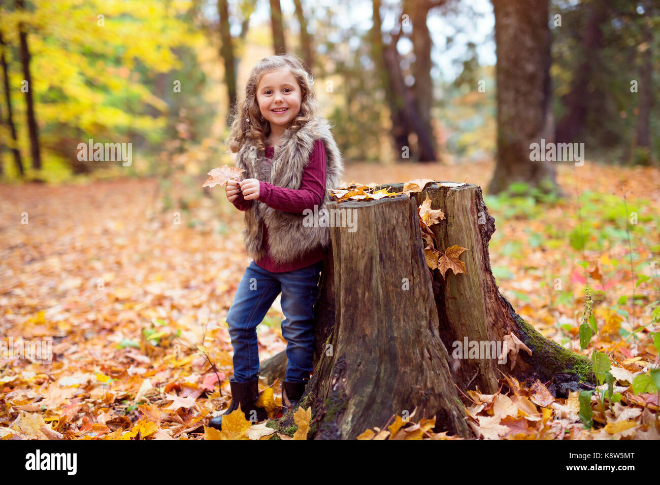 Adorable little girl in a autumn forest Stock Photo - Alamy