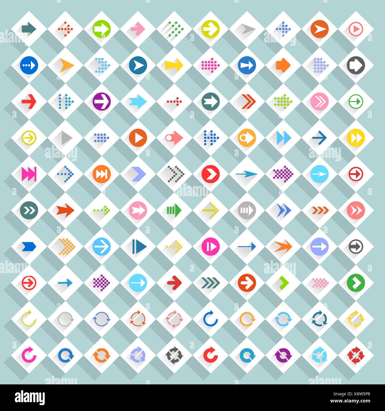 Flat arrow icon with long shadow. Sign on rhombus shapes web button on ...