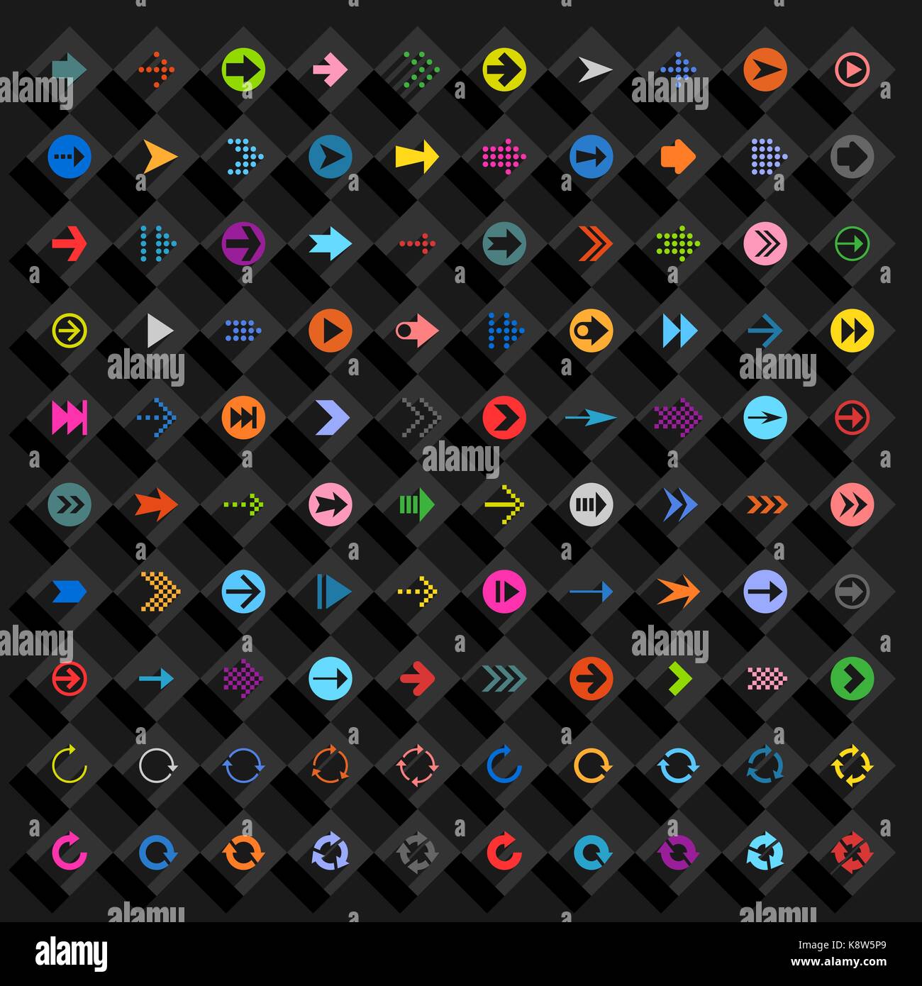 Flat arrow icon with long shadow. Sign on rhombus shapes web button on ...