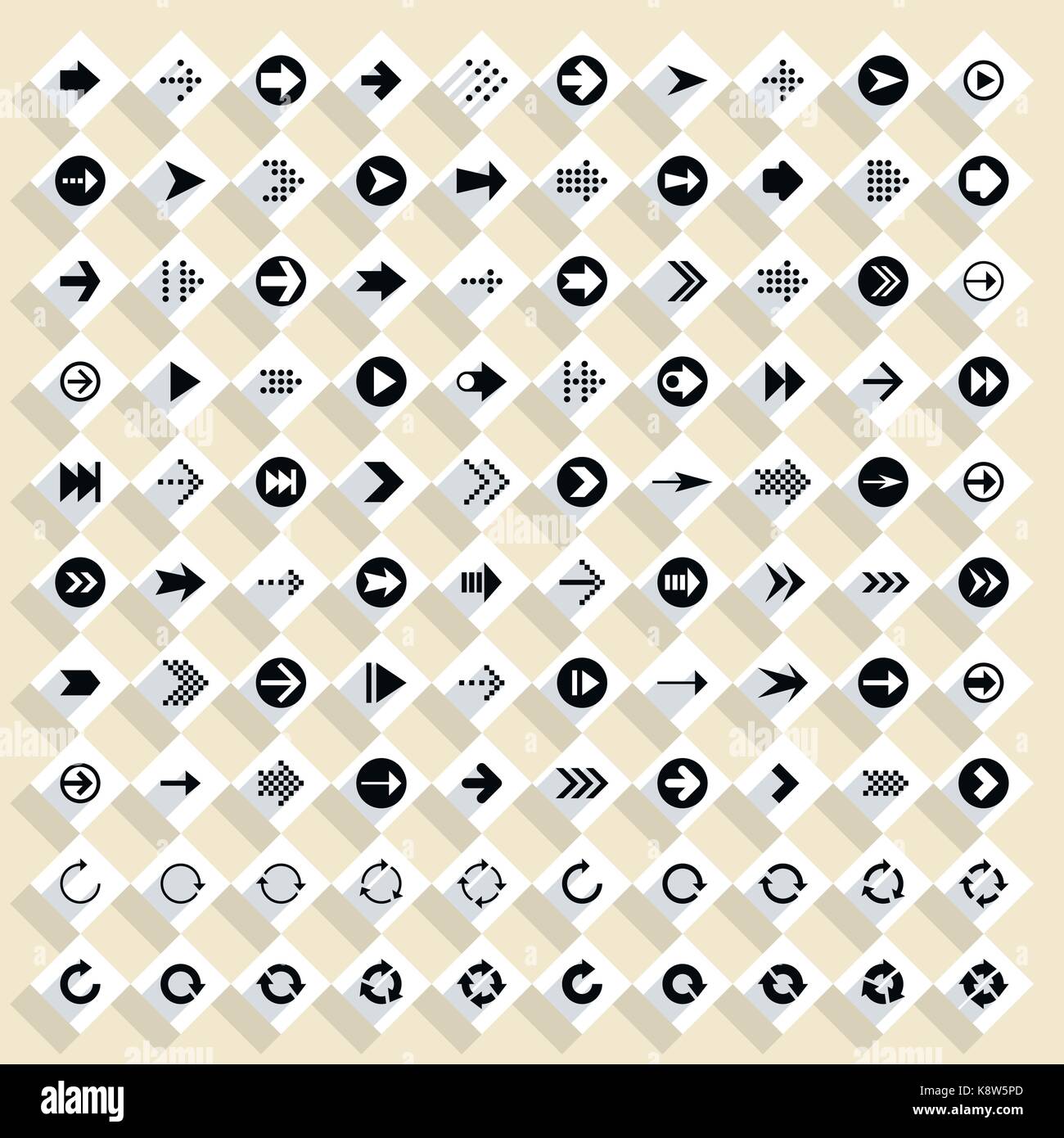 Flat arrow icon with long shadow. Sign on rhombus shapes web button on ...