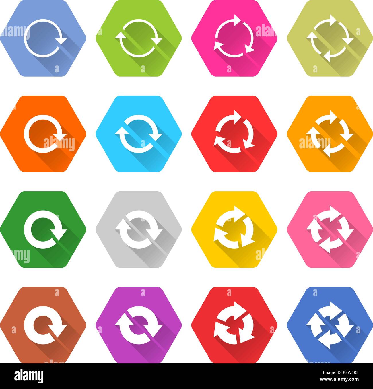 Flat arrow icon 16 set rounded hexagon web button on white background ...