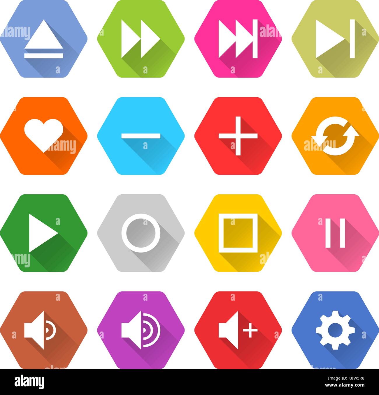 Flat media icon 16 set rounded hexagon web button on white background ...