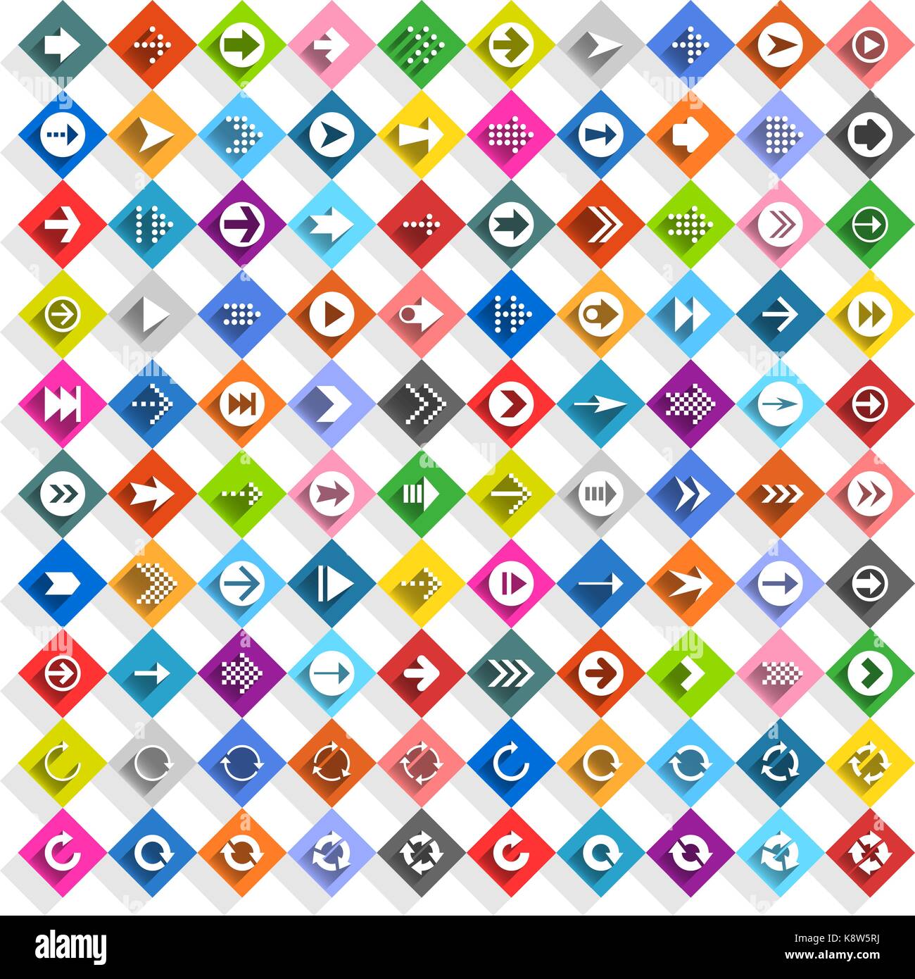 Flat arrow icon with long shadow. Sign on rhombus shapes web button on ...