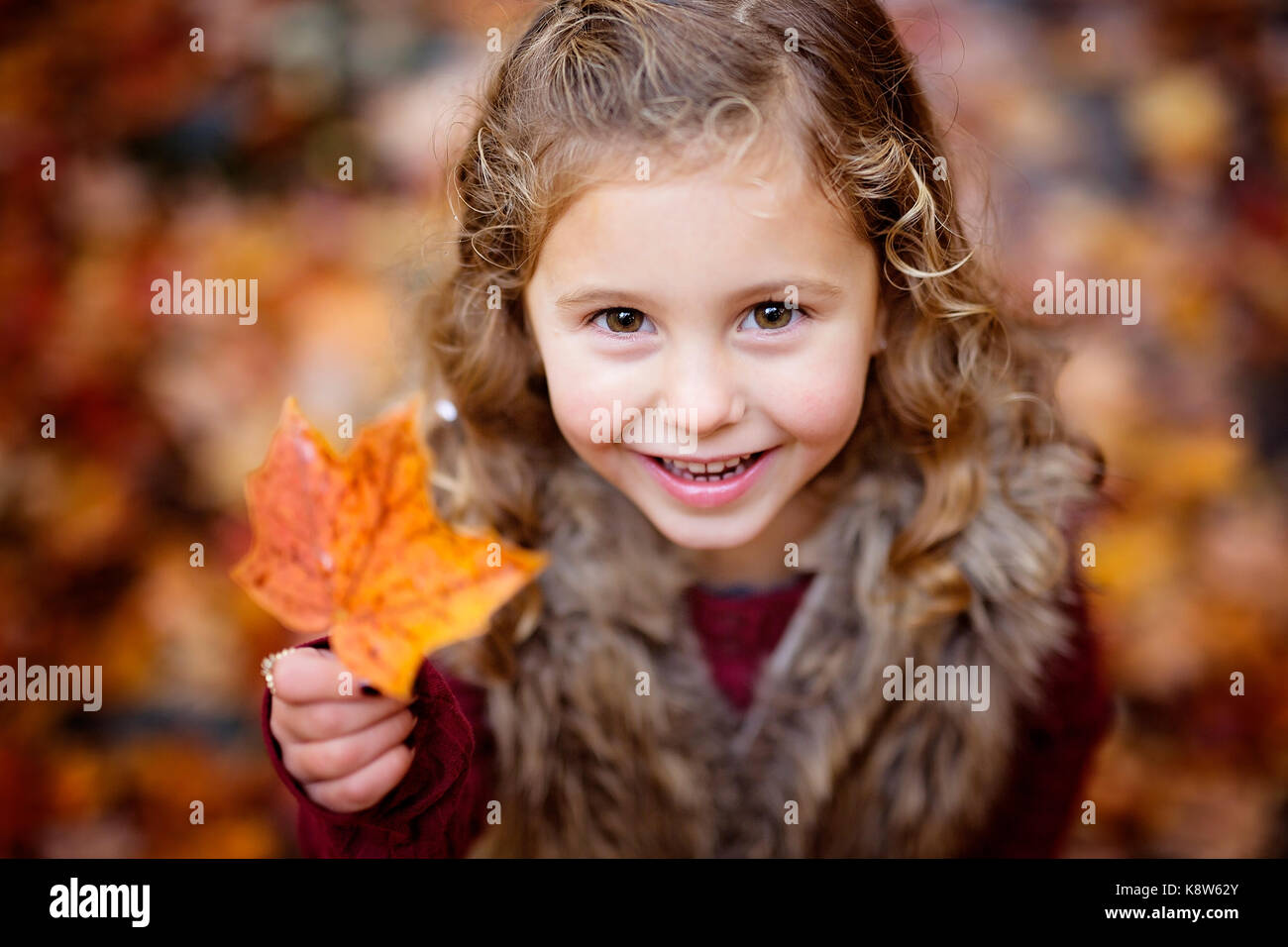 Adorable little girl in a autumn forest Stock Photo - Alamy