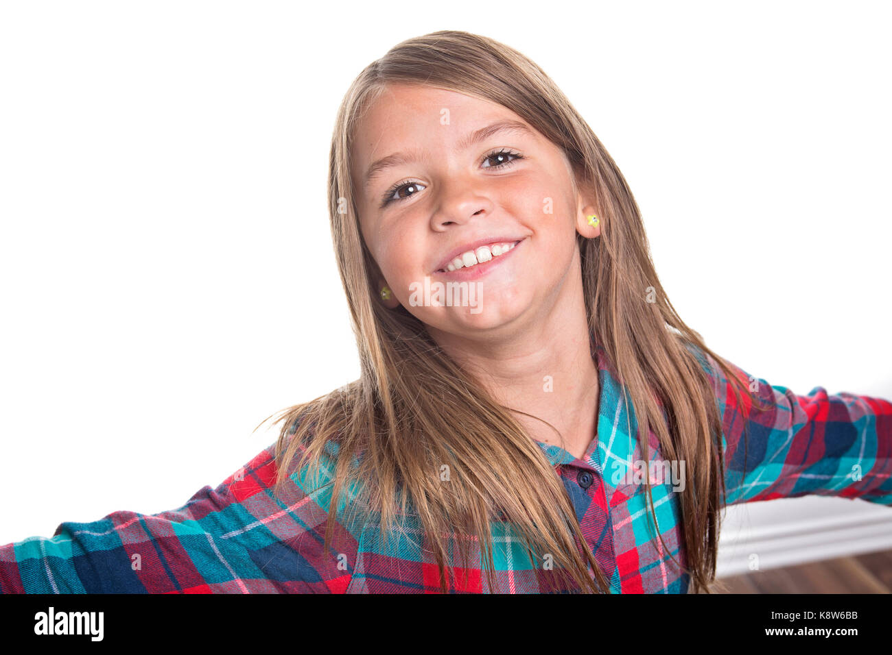 cute cheerful little girl portrait, isolated on gray background Stock ...