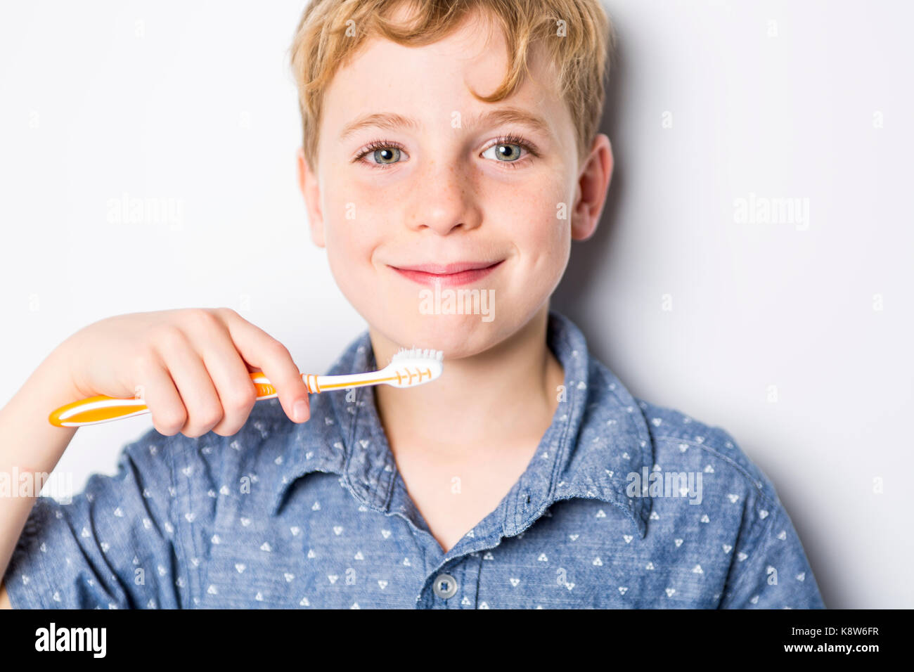 Cute little boy brushing teeth, isolated on white Stock Photo - Alamy