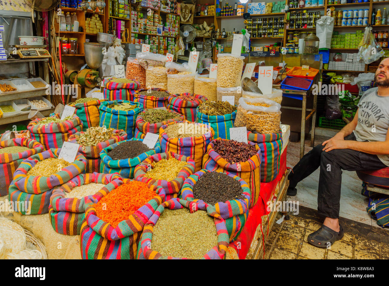 ACRE, ISRAEL - SEPTEMBER 18, 2017: Various spices in colorful sacks on ...