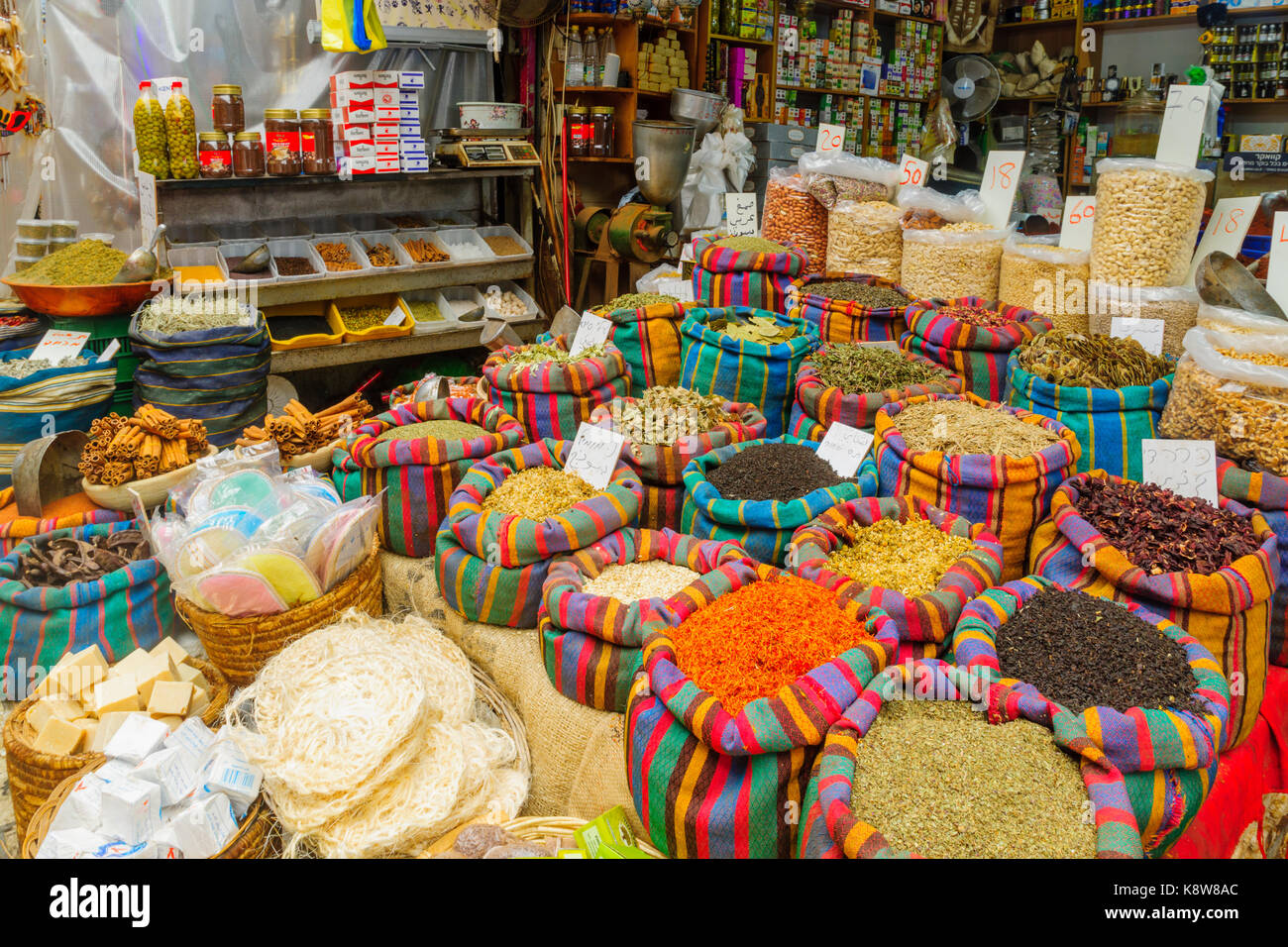 ACRE, ISRAEL - SEPTEMBER 18, 2017: Various spices in colorful sacks and ...