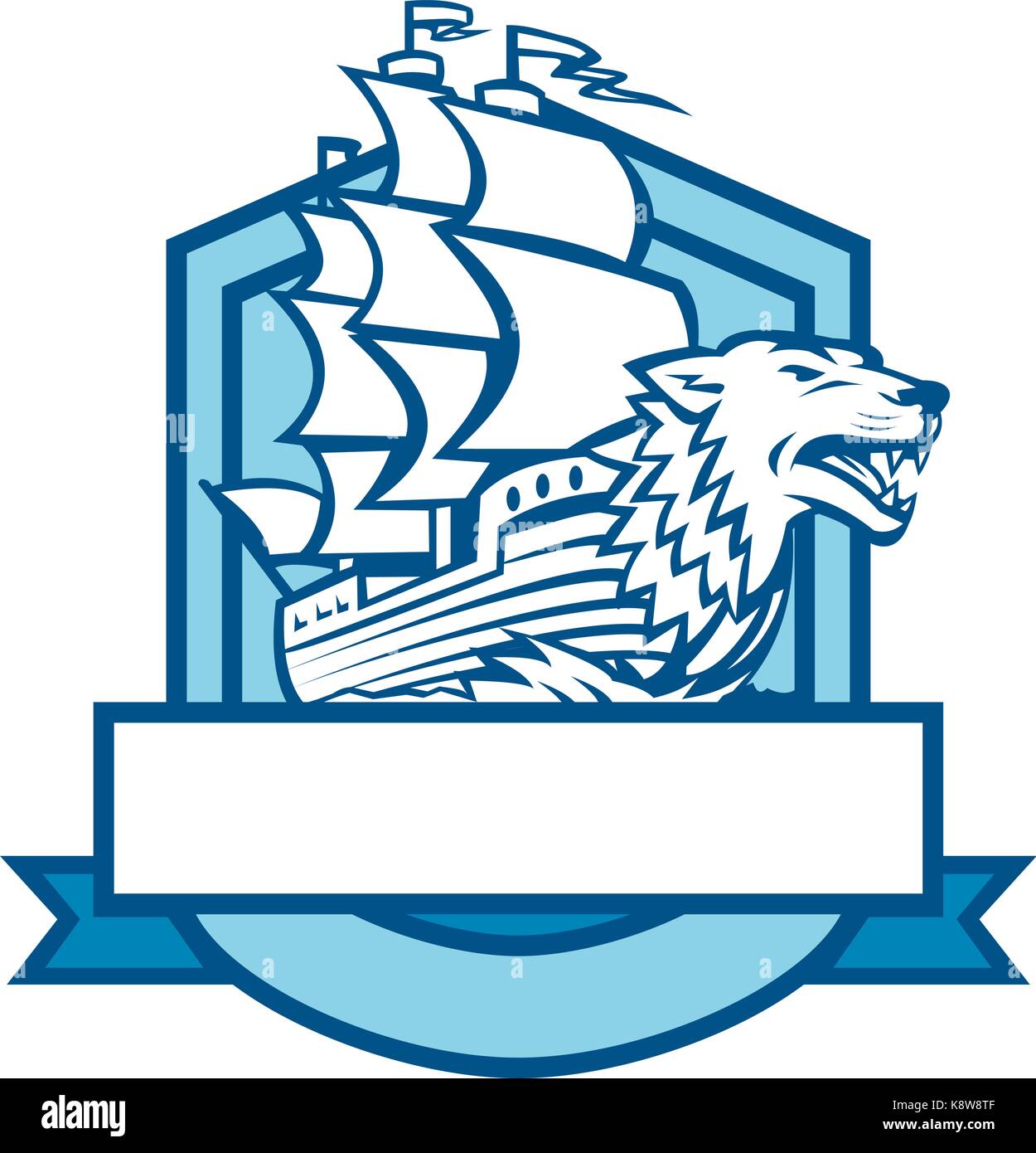 Retro style illustration of a Galleon sailing ship With Wolf in Bow set ...