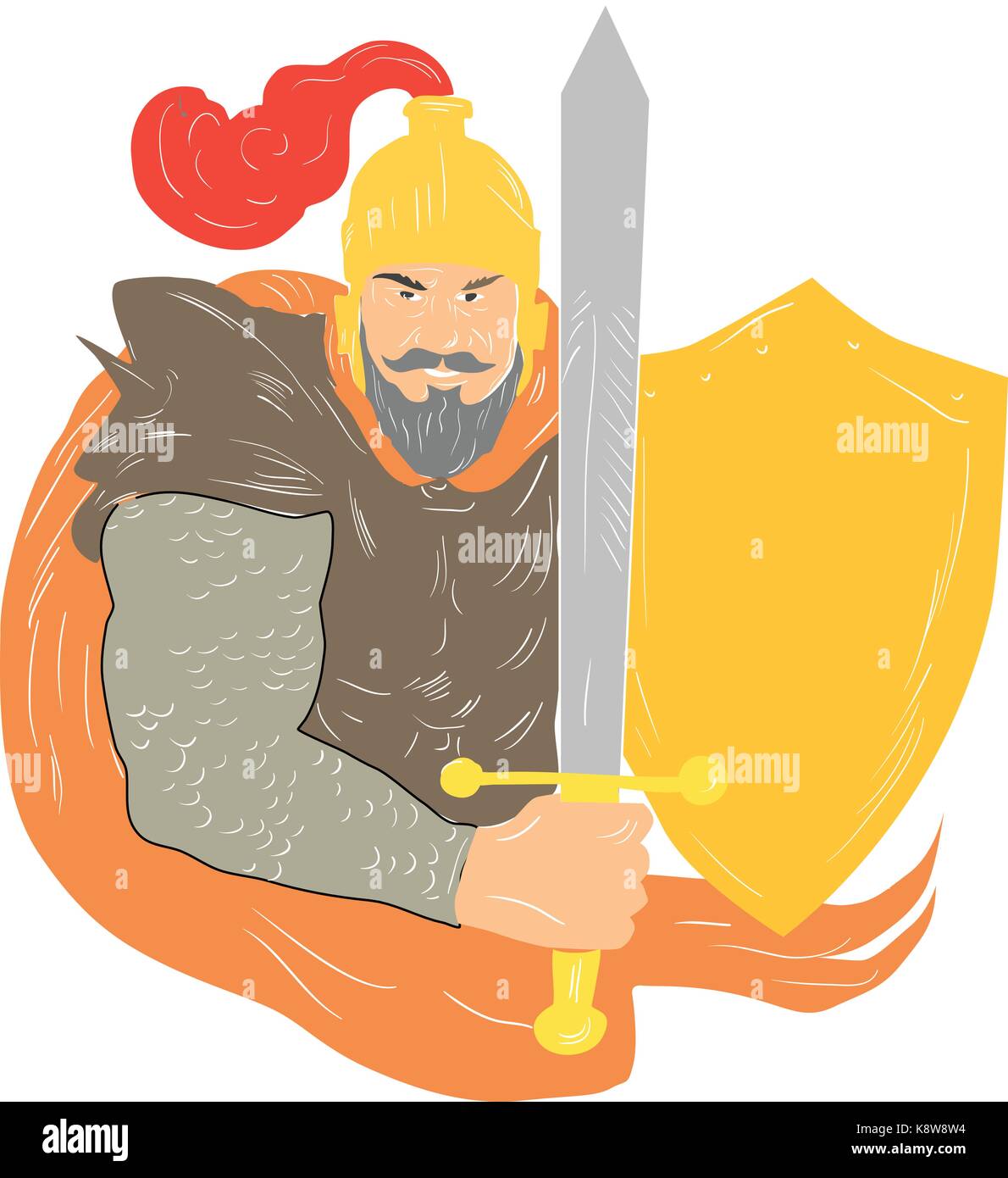 Drawing sketch style illustration of an Old medieval Knight wielding a ...