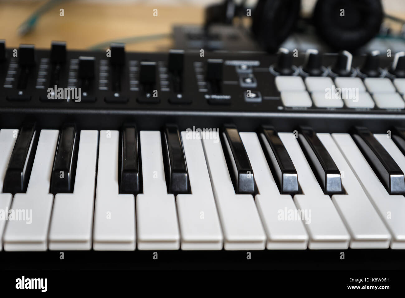 MIDI keyboard synthesizer piano keys closeup for electronic music ...