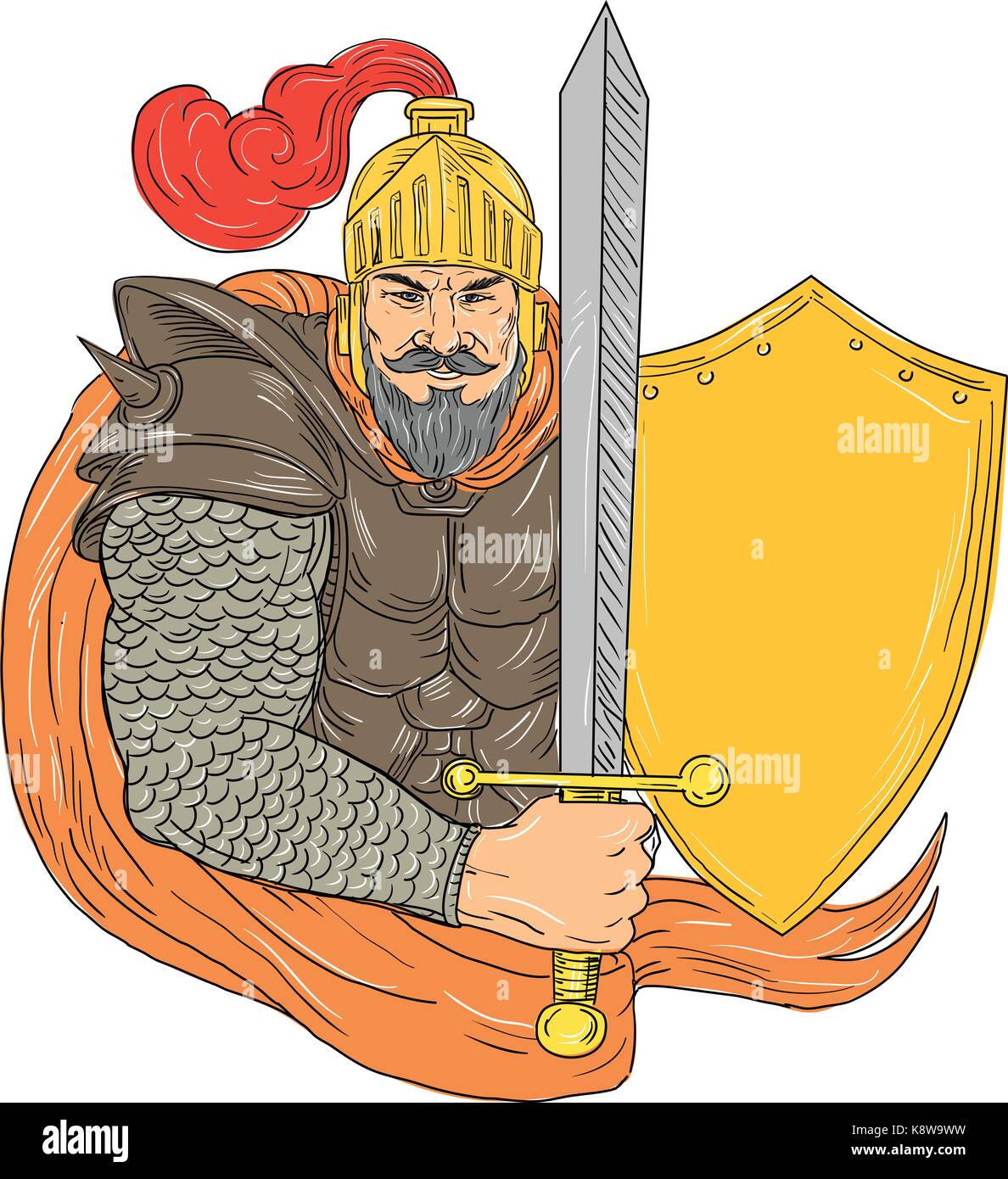 Drawing sketch style illustration of an Old medieval Knight wielding a ...