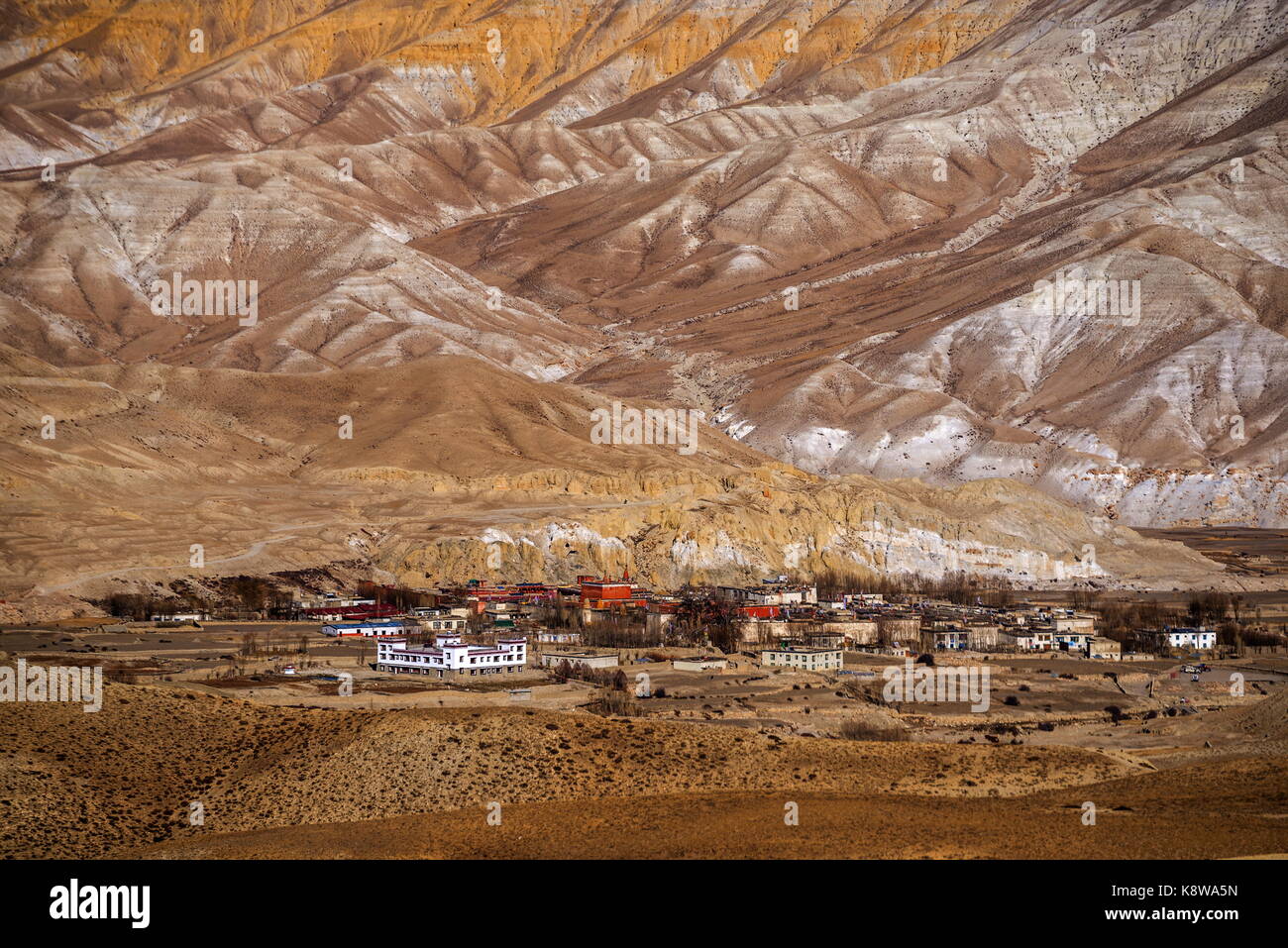 View of Lo Manthang, Mustang capital, from the path from Chogo La Stock ...