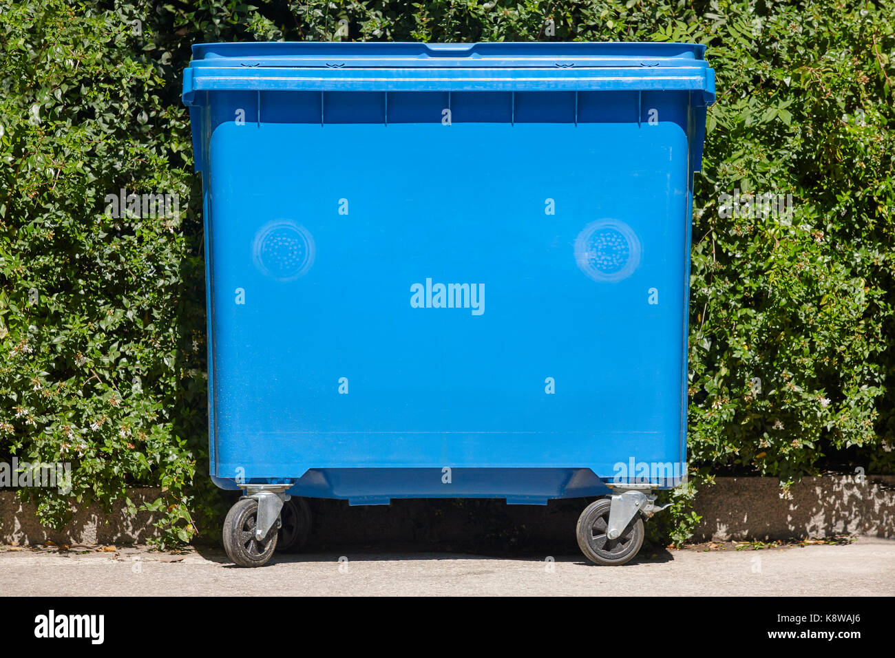 Blue recycling container for paper with green bush background ...