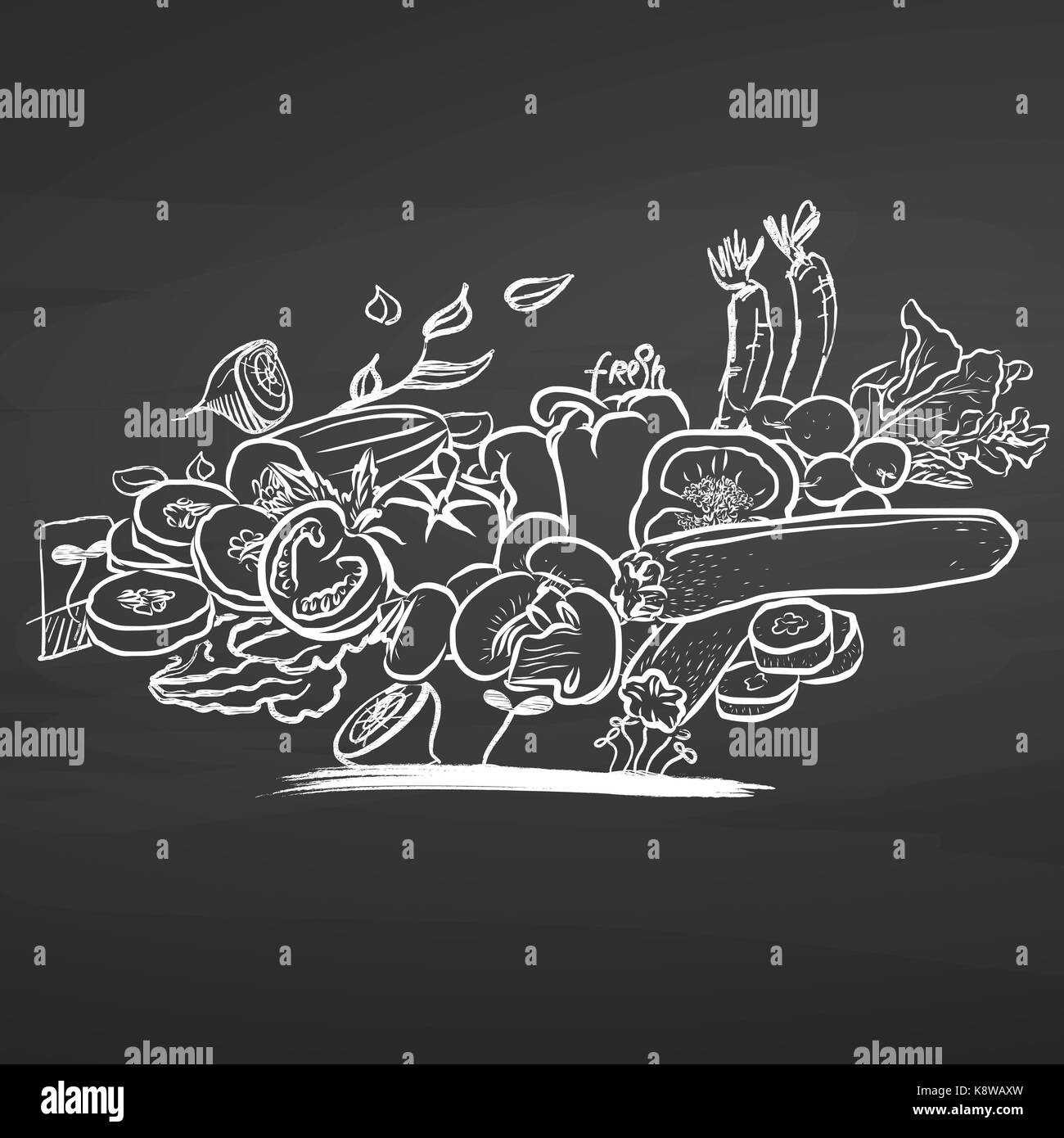 Bunch of vegetables on chalkboard. Hand drawn healthy food sketch ...