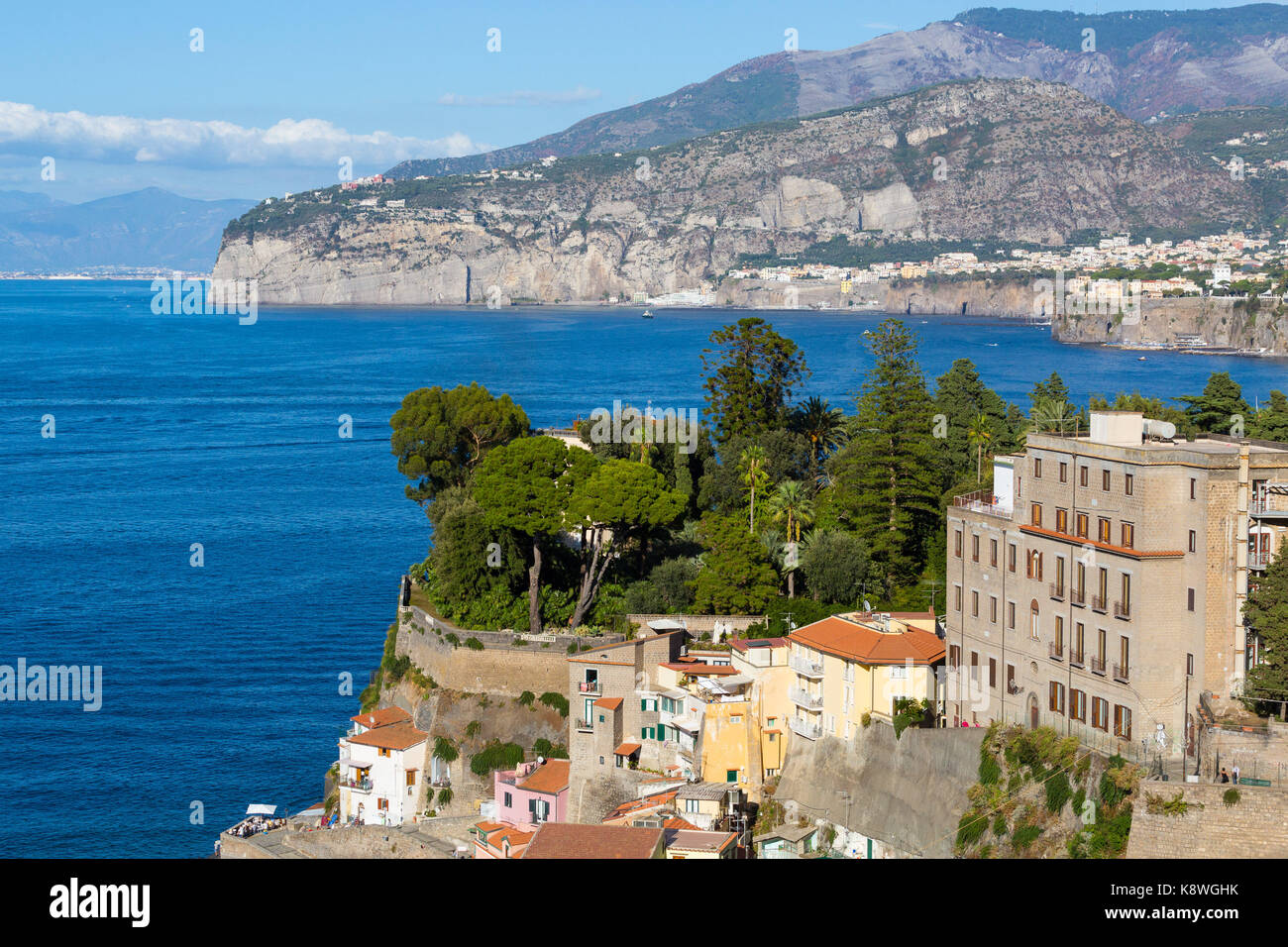 Sorrento, Italy, September 18 2017. Cedars, palms and conifers create a ...