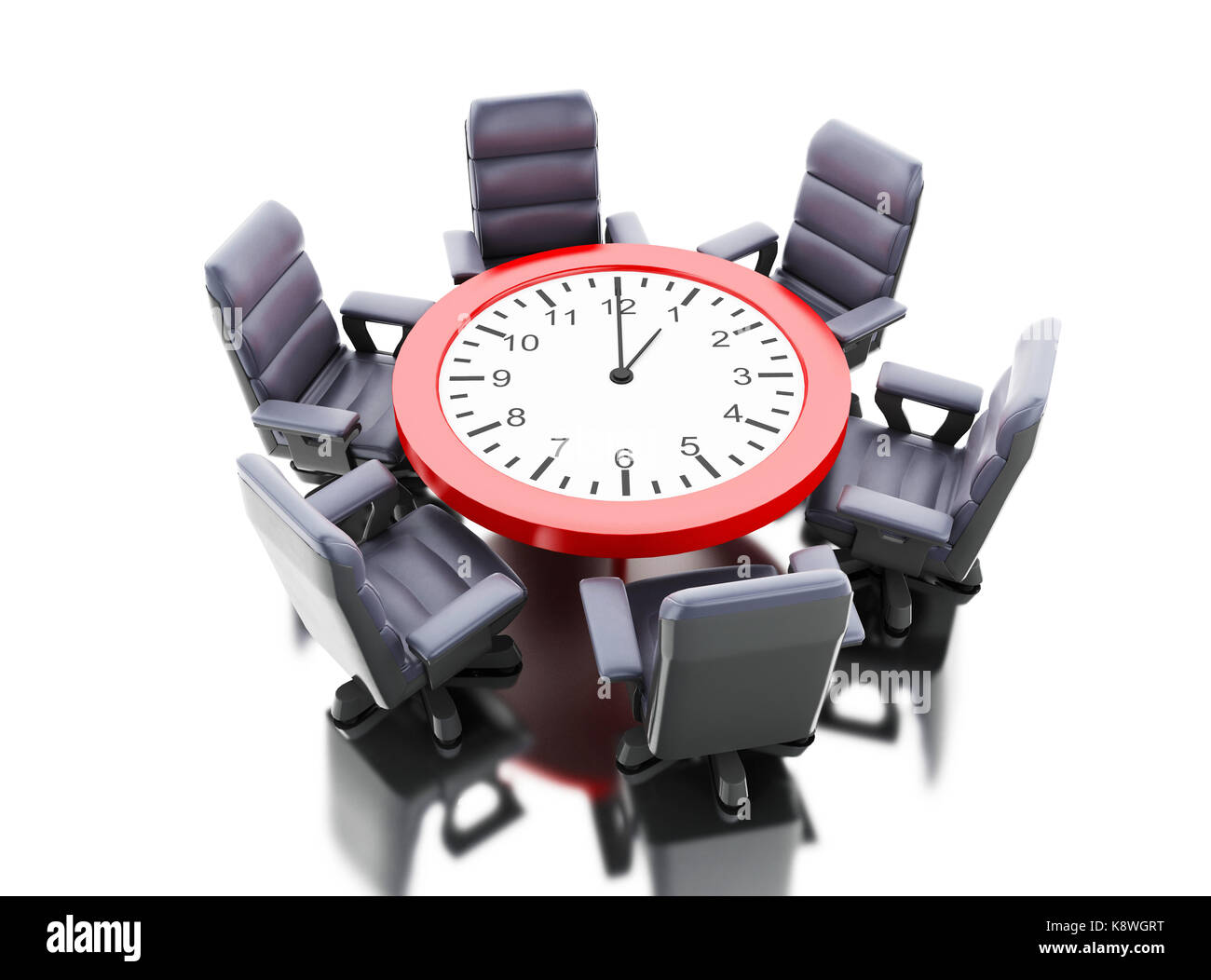 3d illustration. Office table as clock with armchairs. Business meeting ...