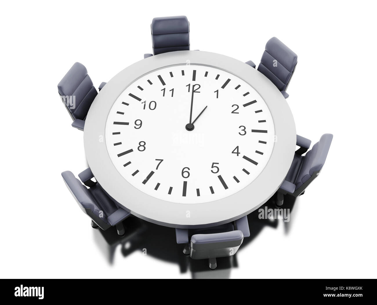 3d illustration. Office table as clock with armchairs. Business meeting ...