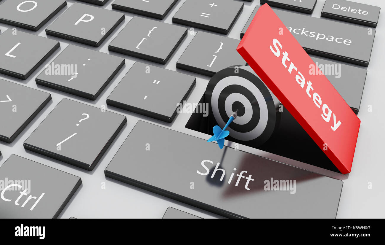 3d illustration. Open "strategy" button with target coming out ...