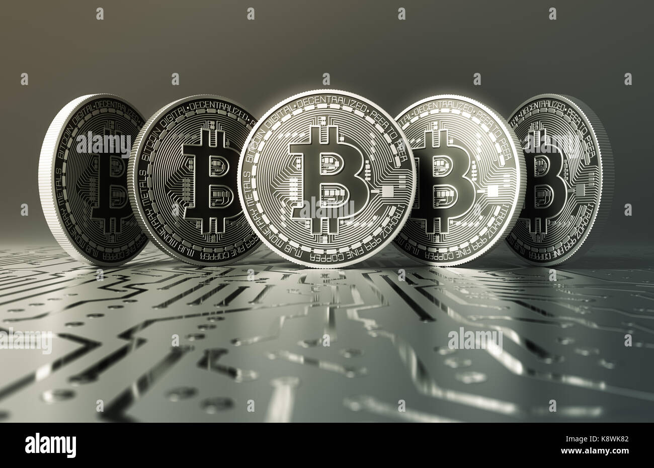 Five Virtual Silver Coins Bitcoins On Printed Circuit Board Stock Photo ...
