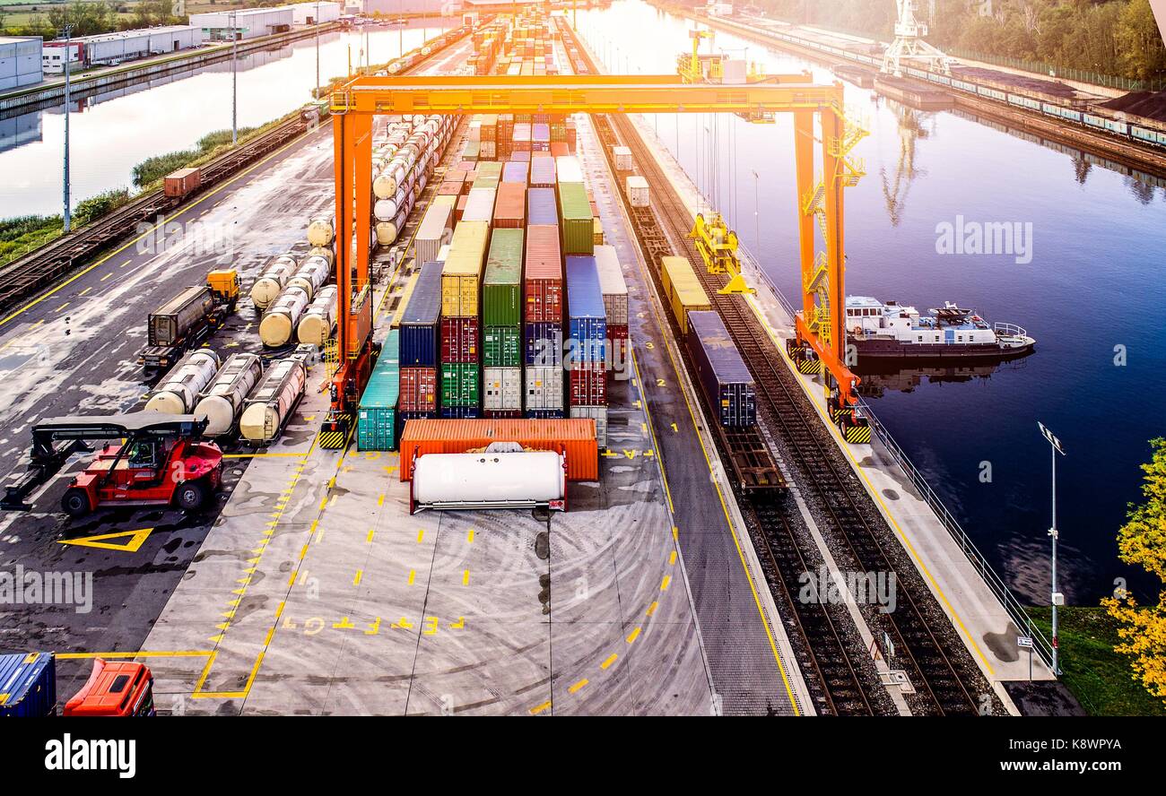 Aerial view on containers in cargo terminal. Logistic concept Stock ...
