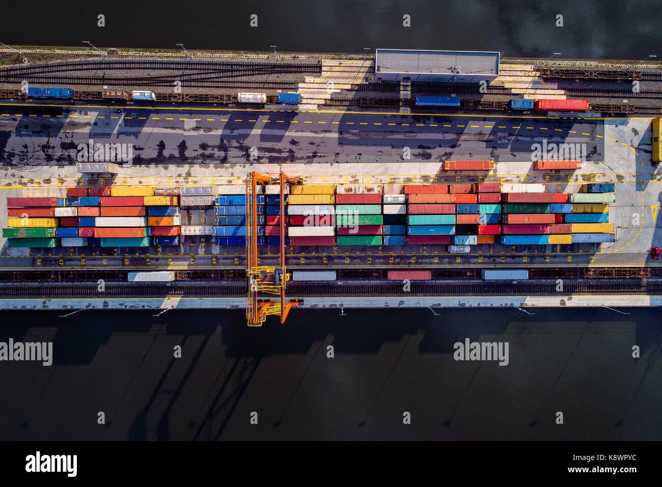 Aerial view on containers in cargo terminal. Logistic concept Stock ...