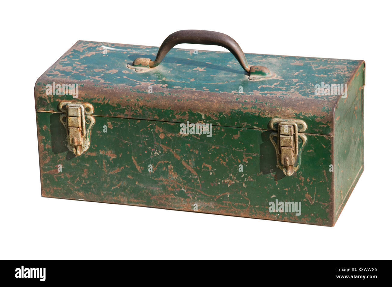 Old green corroded rusty tool box isolated against a white background ...