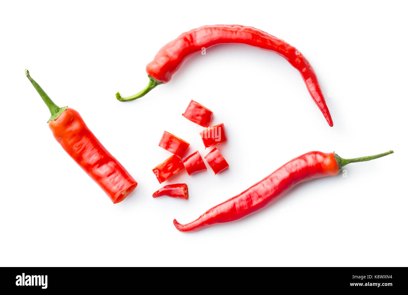 Sliced chili peppers isolated on white background. Top view Stock Photo ...