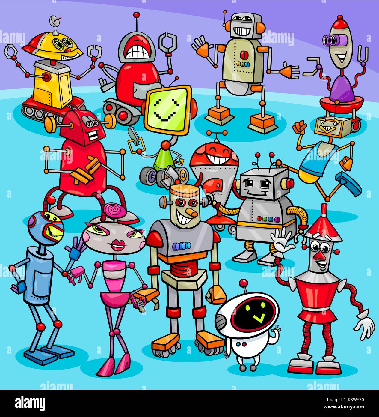 Cartoon Illustration of Funny Robots Fantasy Characters Big Group Stock ...