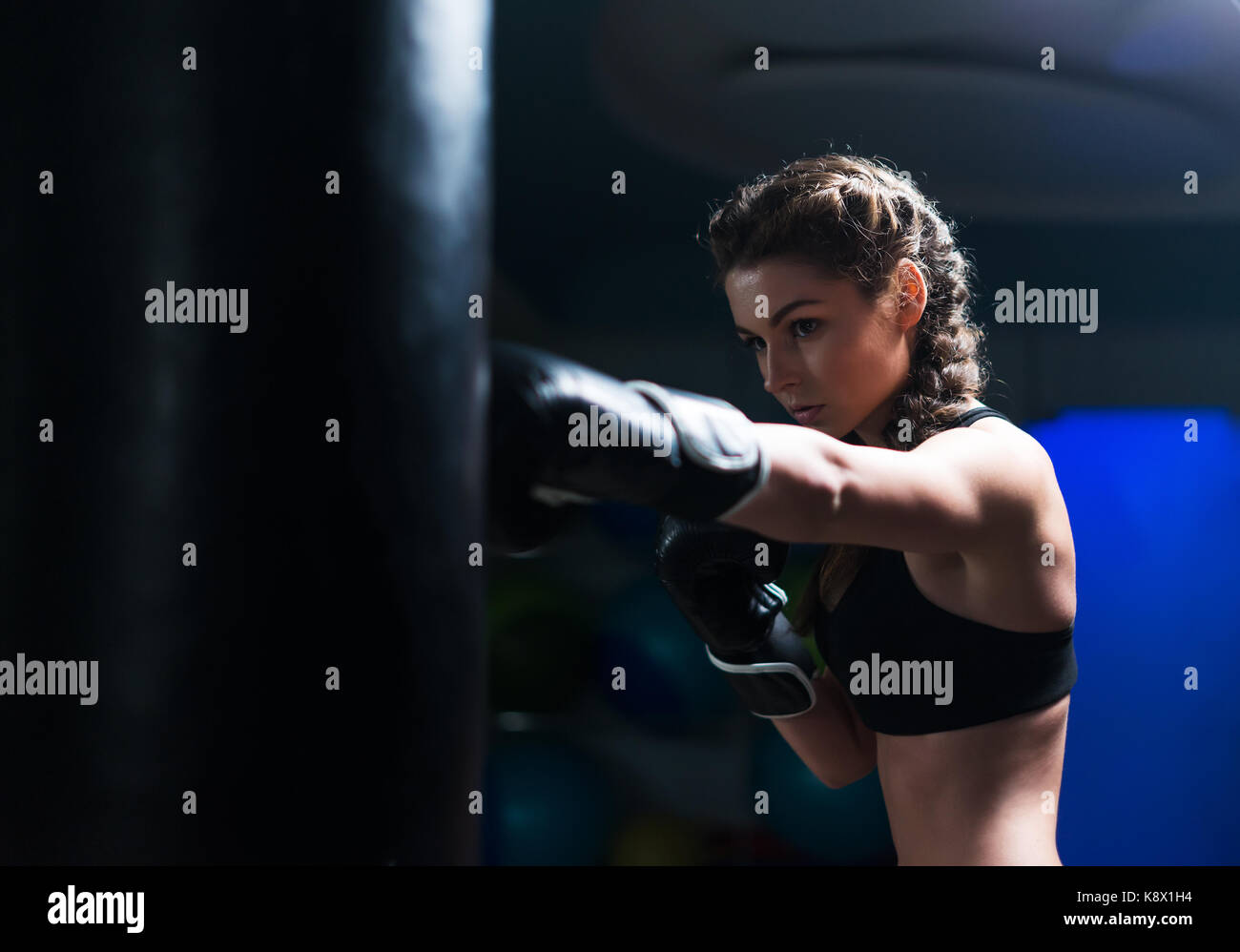 Young fighter boxer fit girl wearing boxing gloves in training with ...