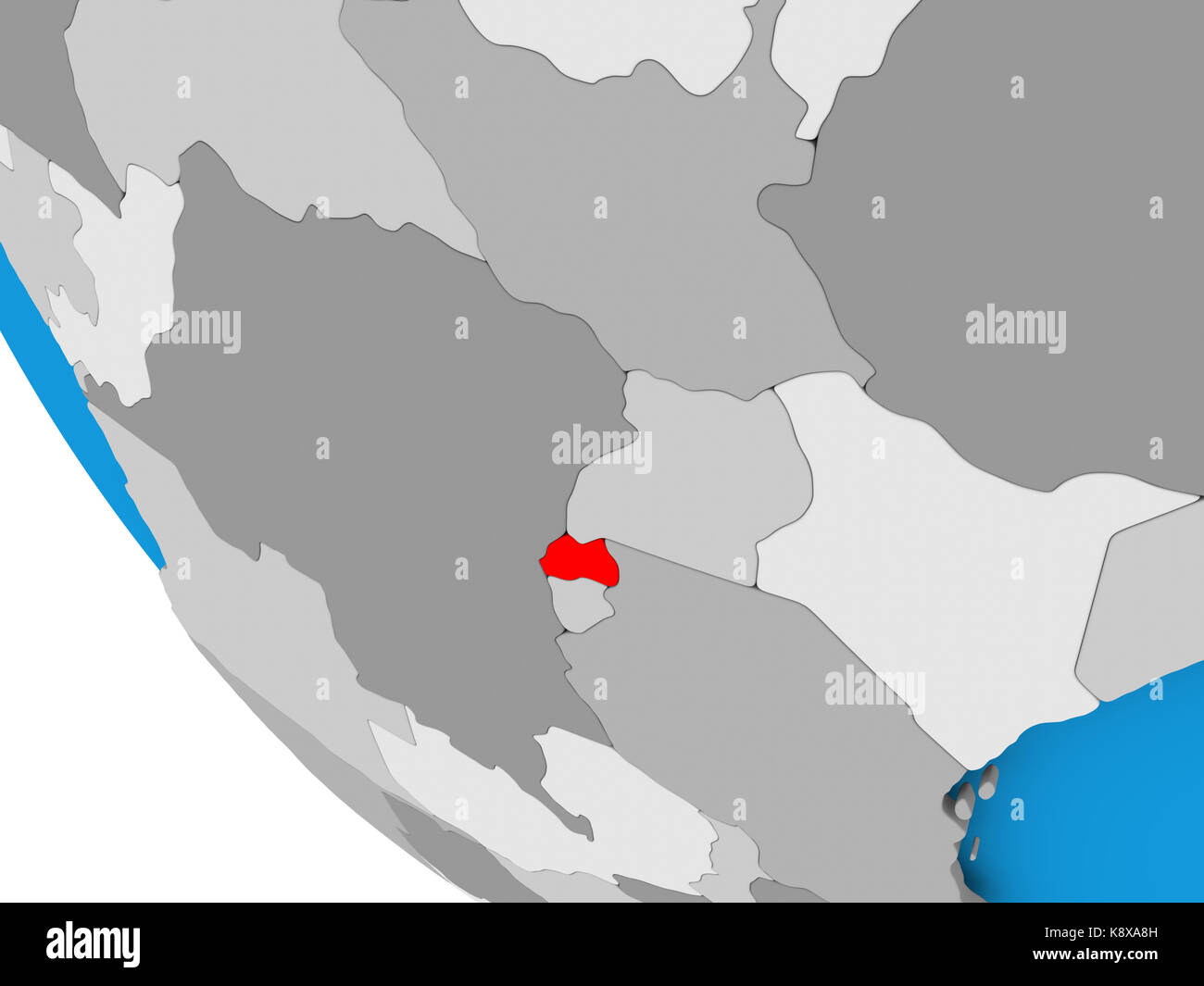 Map of Rwanda in red on political globe. 3D illustration Stock Photo ...