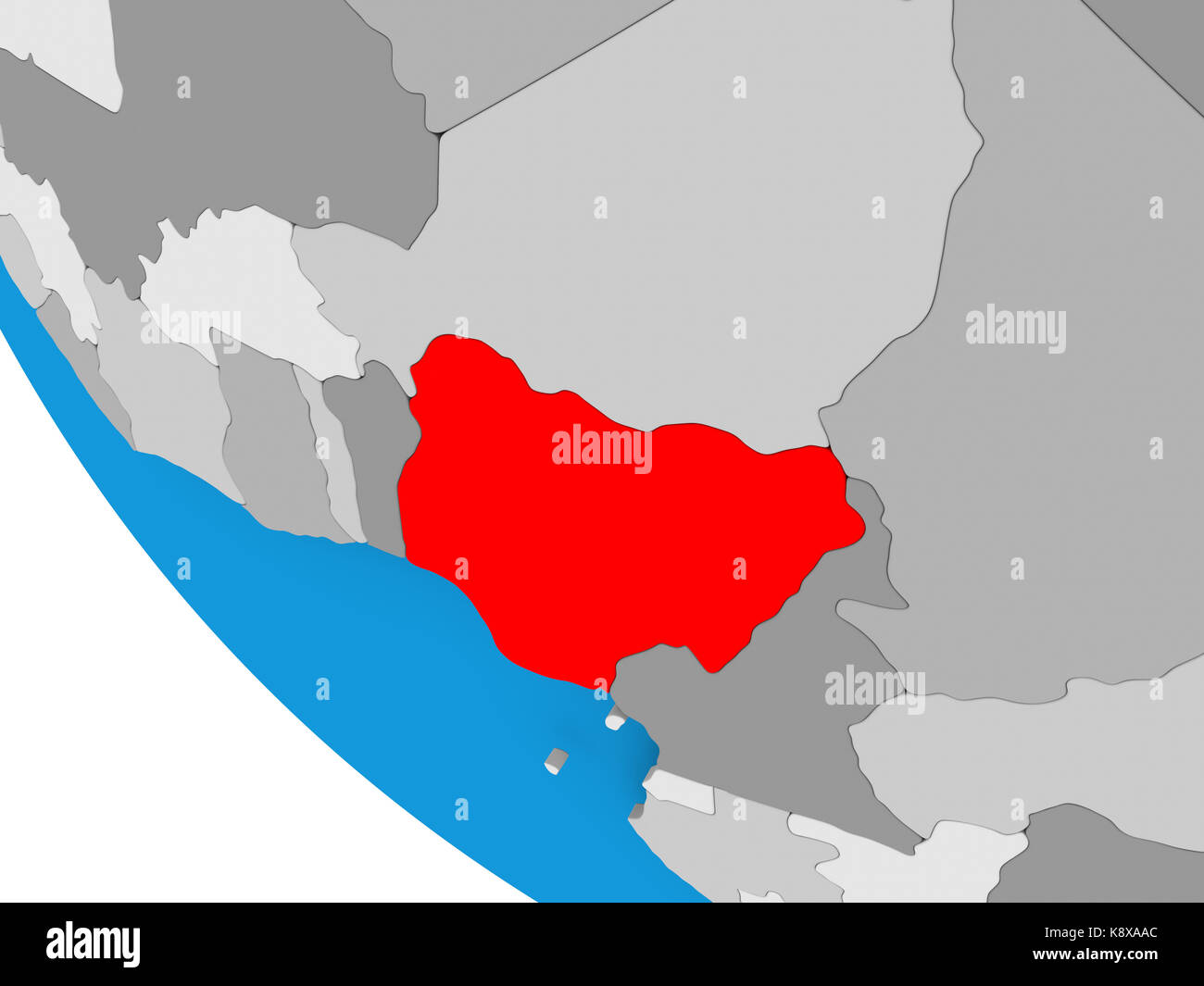 Map of Nigeria in red on political globe. 3D illustration Stock Photo ...