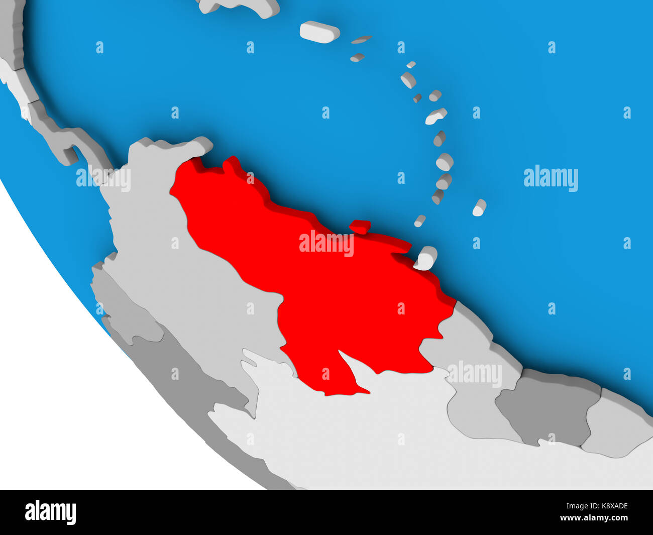 Map of Venezuela in red on political globe. 3D illustration Stock Photo ...